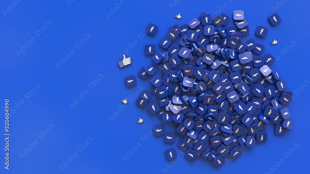 3d rendering of a bunch of square badges with the facebook and like ...