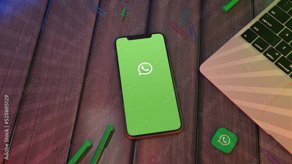 3D rendering of a smartphone displaying the Whatsapp app logo on a ...