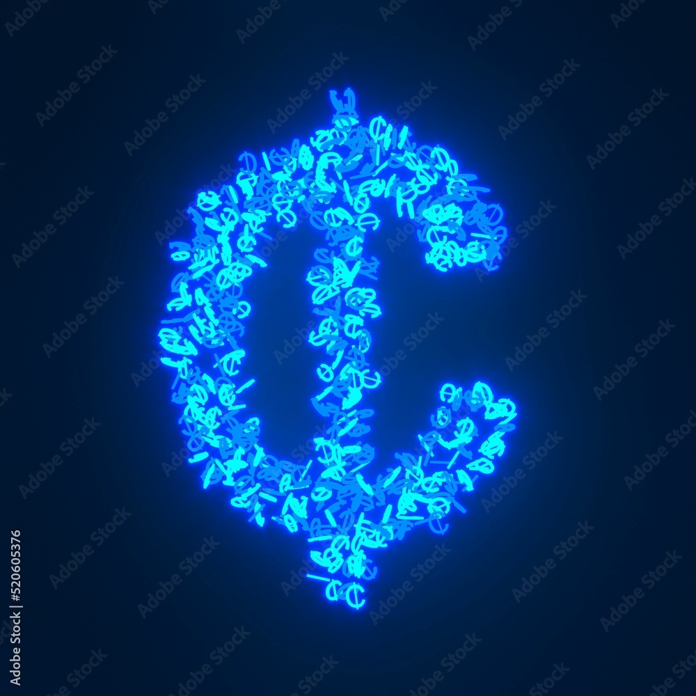 Scattered blue neon letters and symbols isolated over a black ...