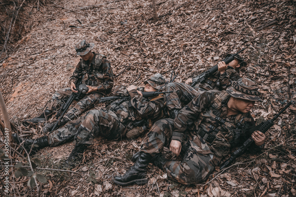 Team of army soldier with machine gun moving in the forest,Thai militia ...