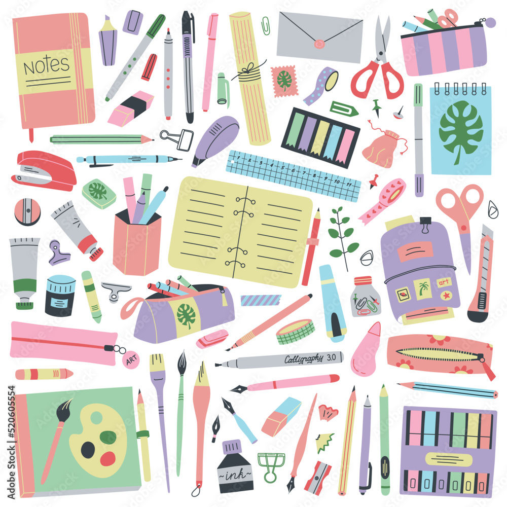 Modern stationary colored items set, various brush and calligraphy pens ...