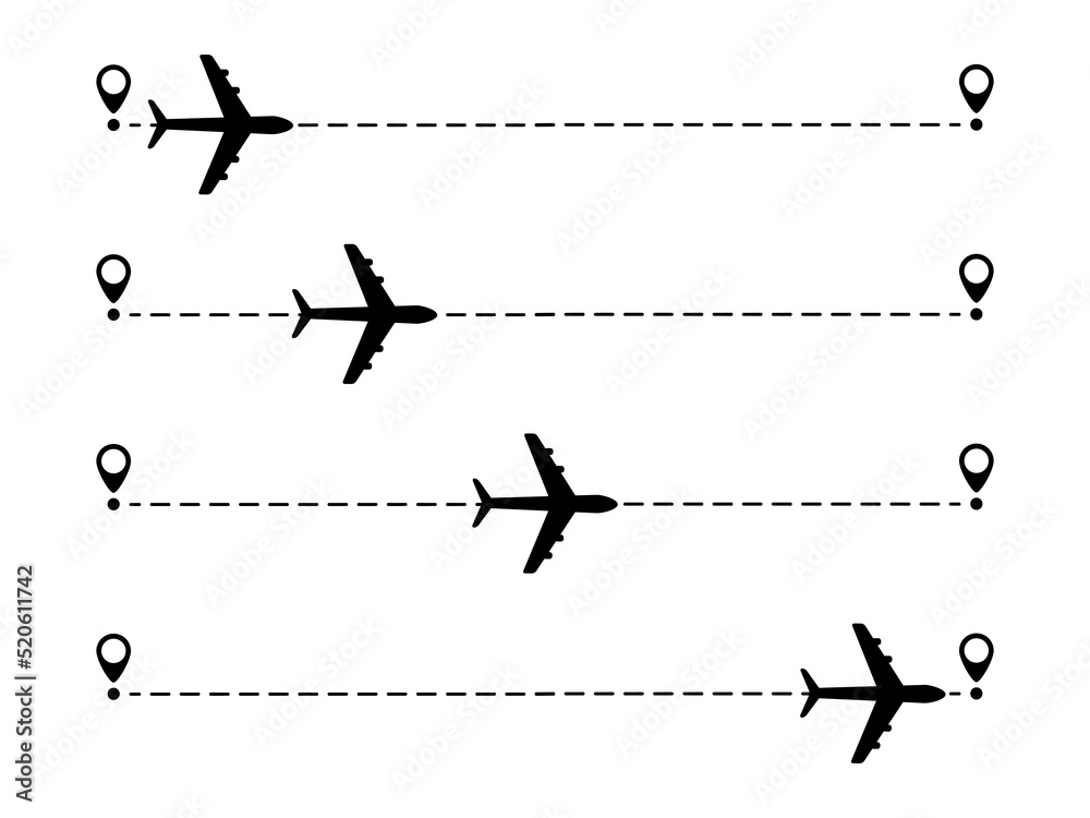 Airplane line path set. Air plane flight route with start and finish ...