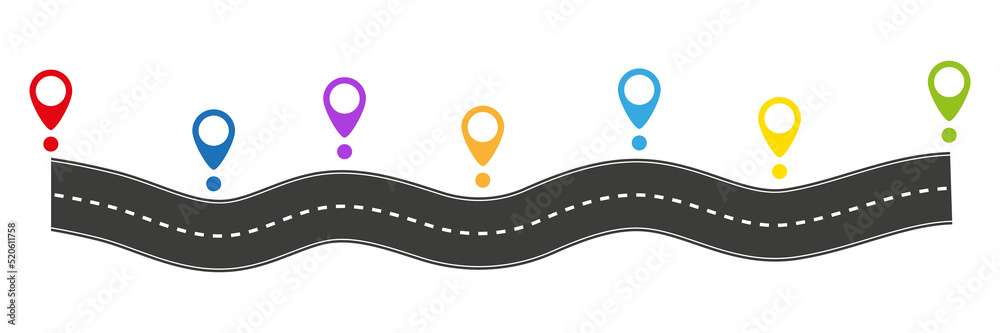 Curve asphalt road path with pin pointers. Highway winding route track ...