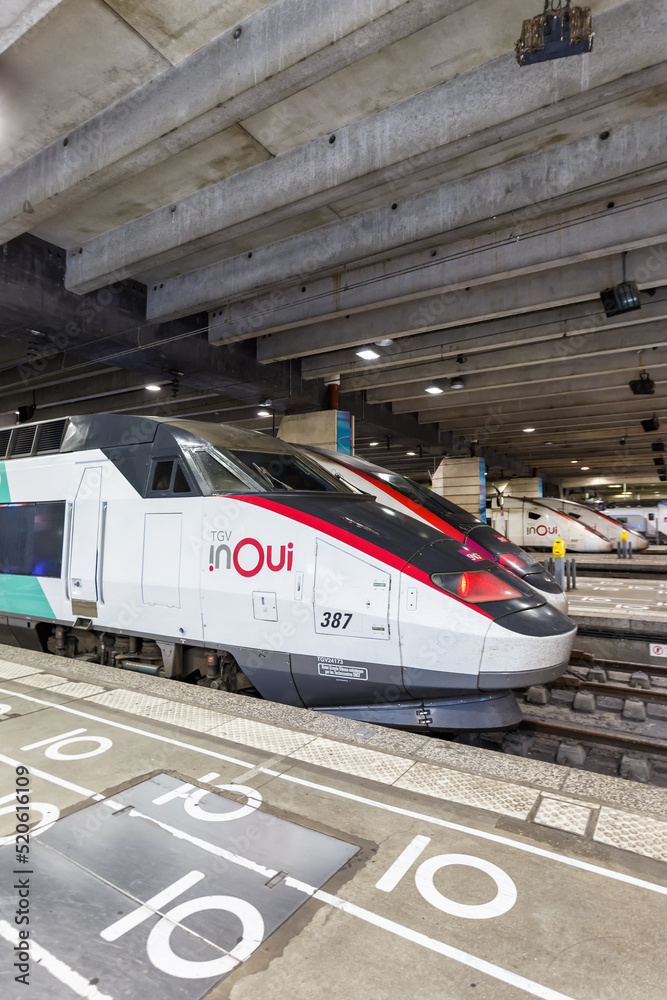 TGV high-speed trains of SNCF at Gare Paris Montparnasse railway ...