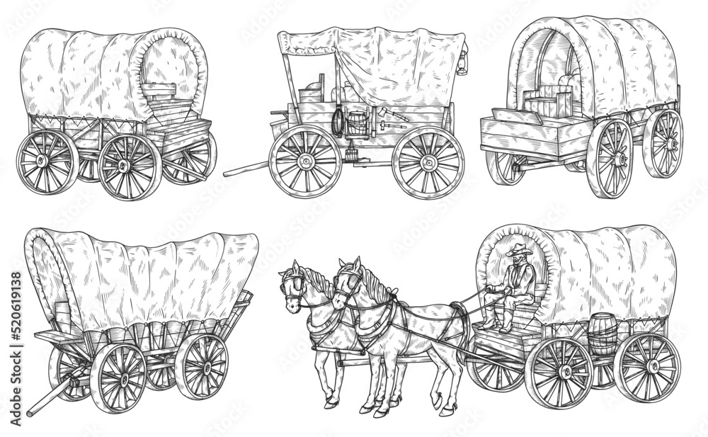 Western carts or wagons in monochrome sketch style, vector illustration ...