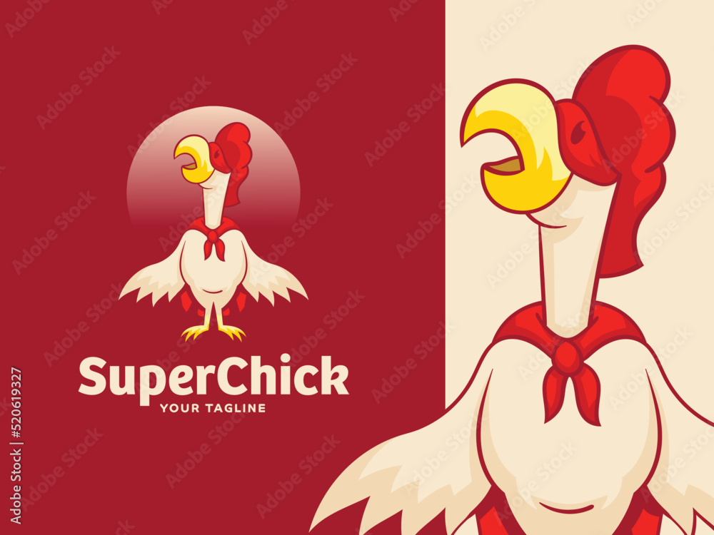 Chicken in a superman outfit, a character, and a mascot logo for temes ...