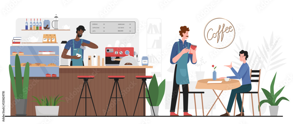 Coffee shop, cafeteria or restaurant interior with barista behind bar ...