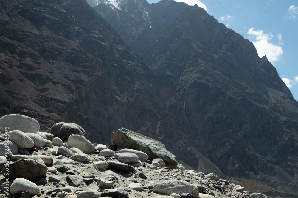Various Types Of Rock Stones Piled Up In front Of Rocky Mount Everest ...