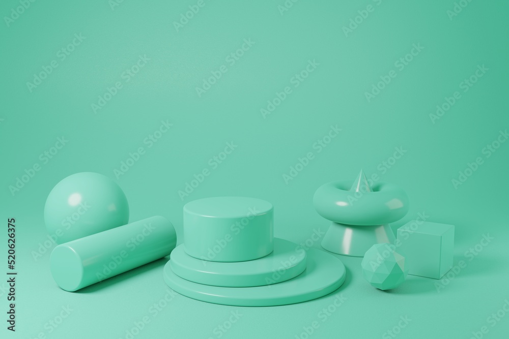 Various geometric shapes in mint green color. 3d rendering scene with ...