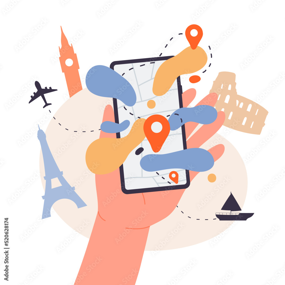 Virtual guide app for travel destination search. Cartoon tourists hand ...