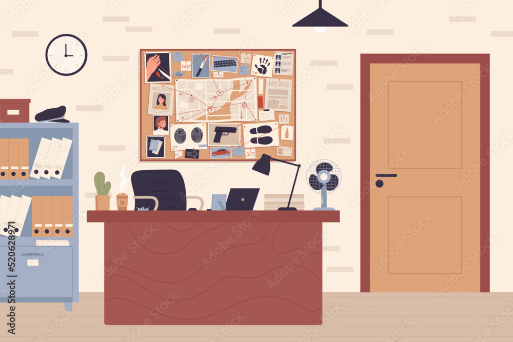 Detective workplace in police office vector illustration. Cartoon ...