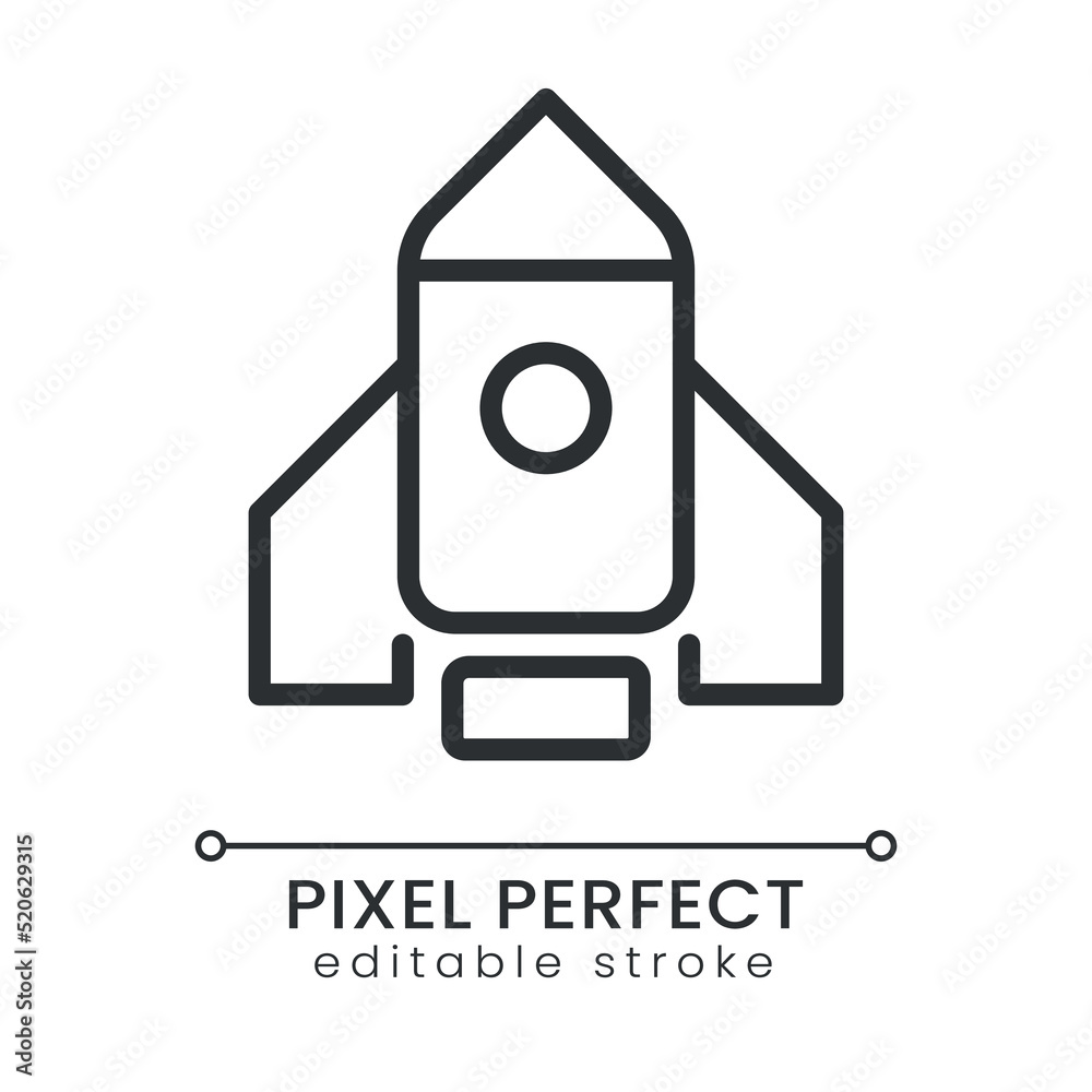 Rocket pixel perfect linear icon. Launch new product and project. Start ...