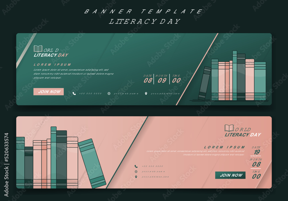 Green and pink banner template in landscape design with bookshelf for ...