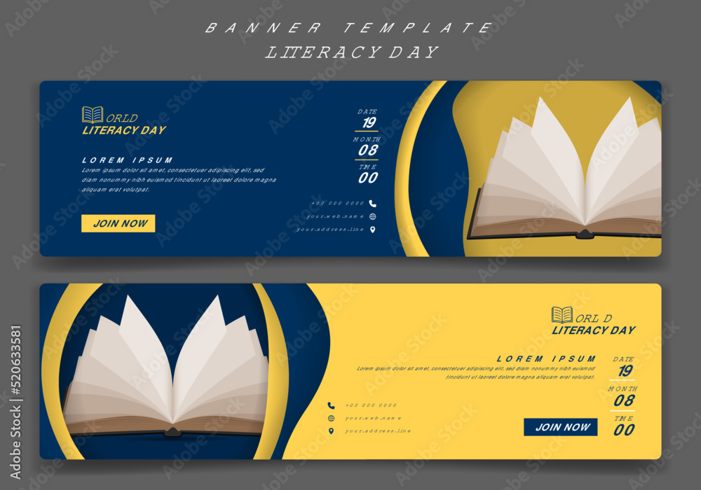 Banner template in landscape blue and yellow background for literacy ...