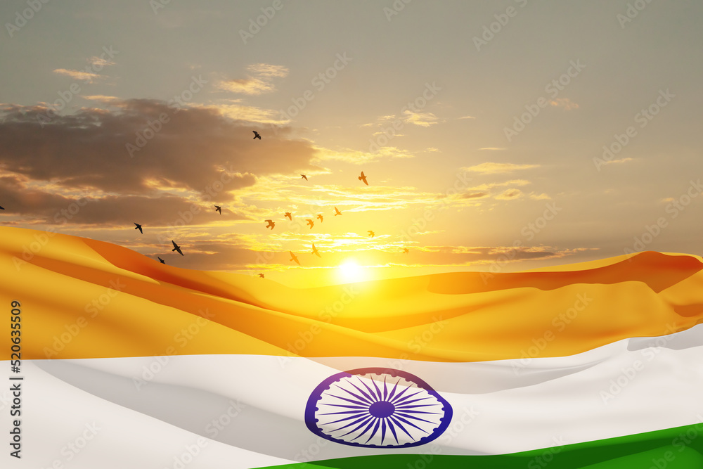 Waving India flag on sunset sky with flying birds. Background with ...