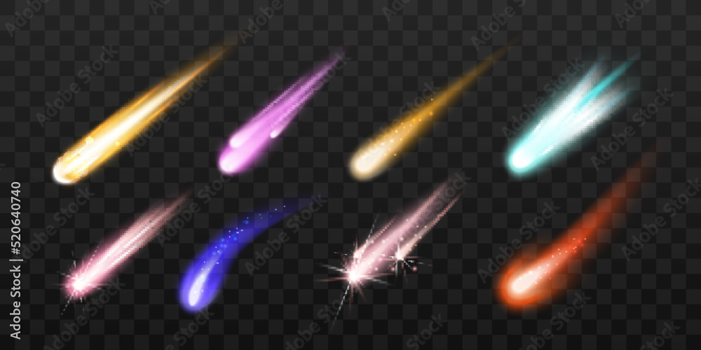 Set of colorful meteors and comets. Space meteorites and asteroids ...