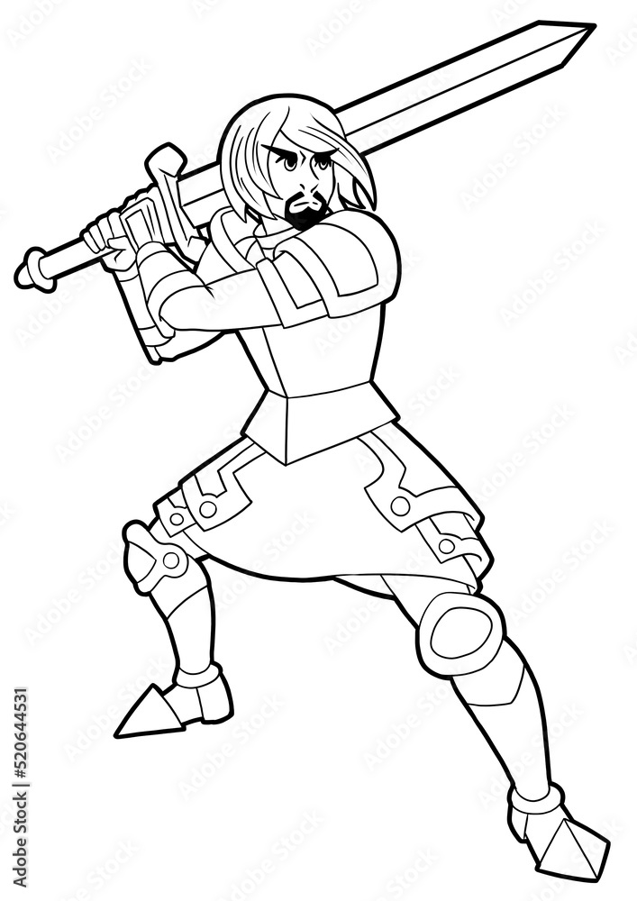 A male knight stands in a fighting pose holding a sword at the ready in ...