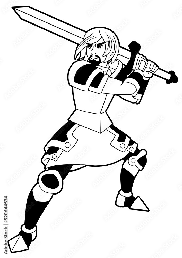 A male knight stands in a fighting pose holding a sword in his hands ...
