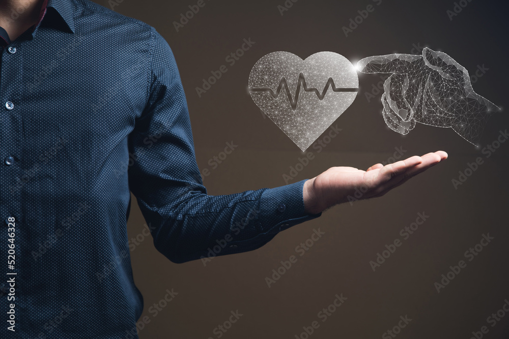 illustrated hand presses the heart from the web. Health care concept ...