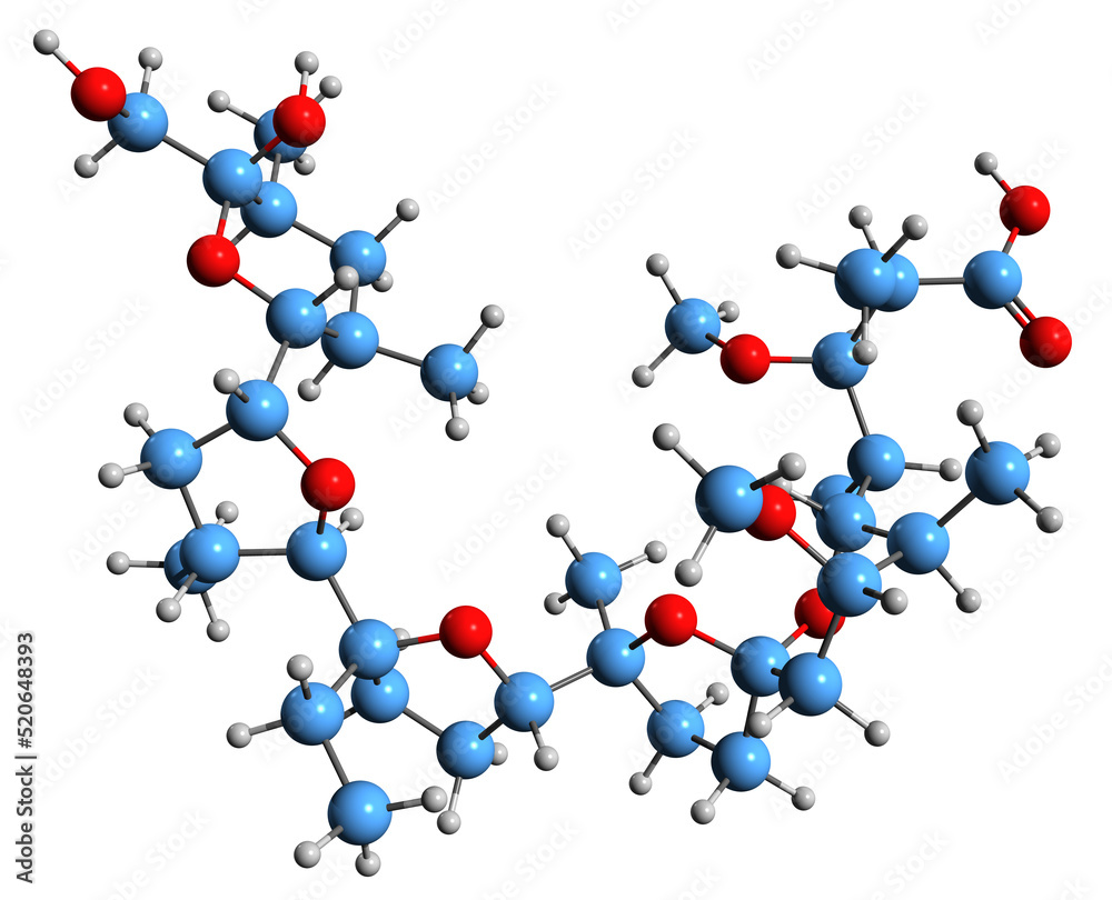 3D image of Monensin skeletal formula - molecular chemical structure of ...