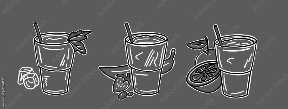 Drawings of drinks for the summer menu in a cafe. Simple sketch of soda ...