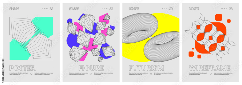Wireframes strange geometrical shapes and colored geometric figures, abstract vector set posters ...