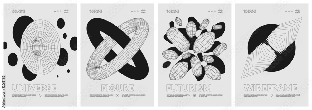 Strange wireframes of geometrical shapes and black geometric figures ...