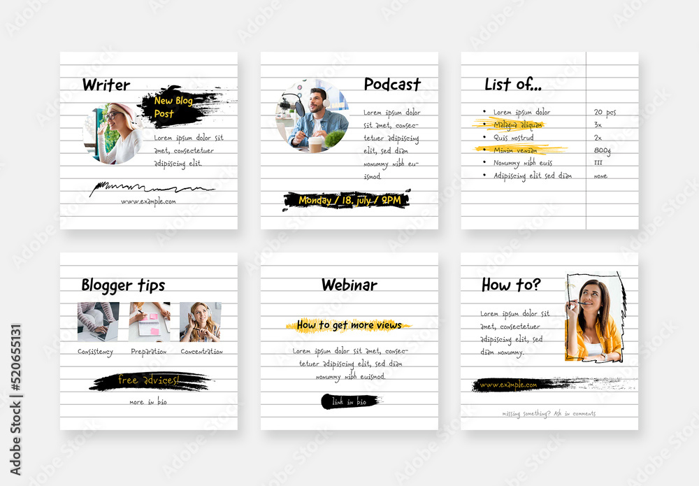 Note Style Social Media Layouts with Horizontal Rows Stock Template ...