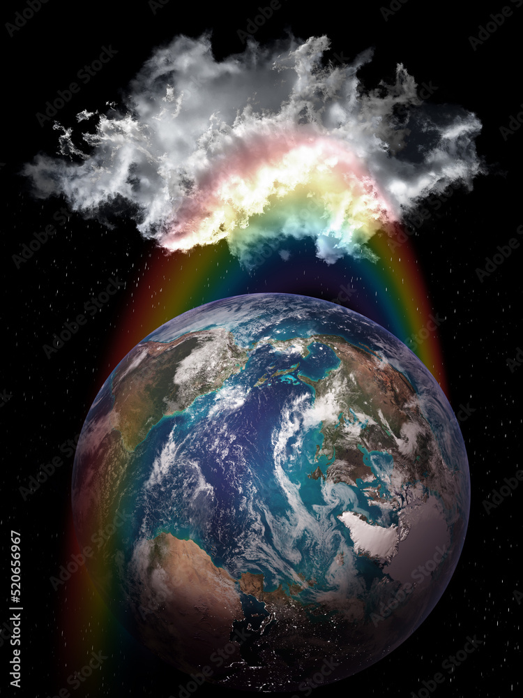 Rainboll ring around planet Earth, cloud and rain. Conceptual collage ...