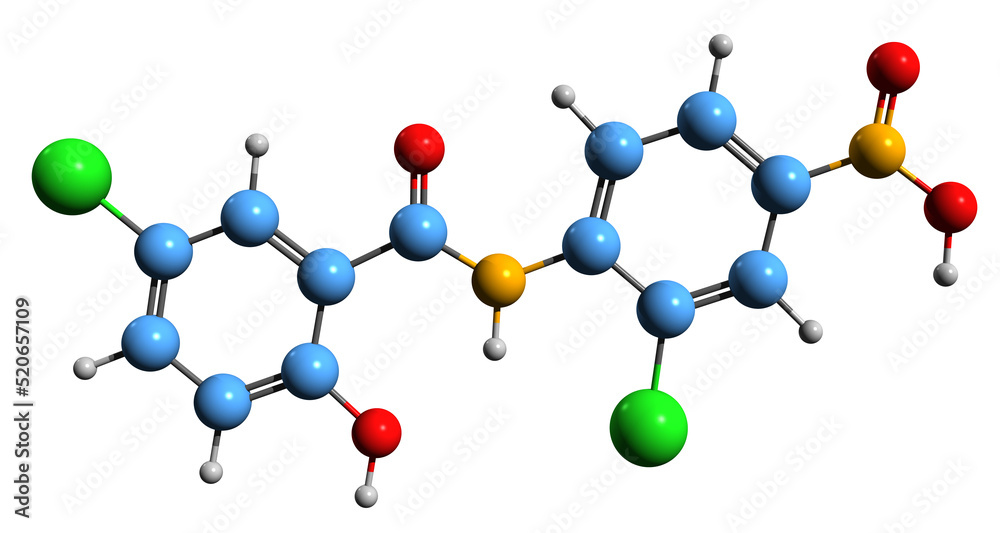 3D image of Niclosamide skeletal formula - molecular chemical structure ...