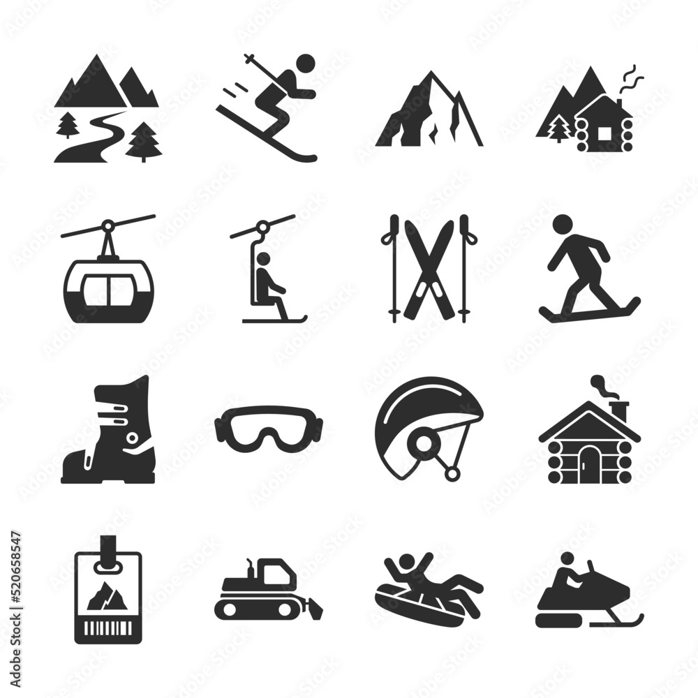 Ski resort icons set. recreation in the snowy mountains, skiing and ...