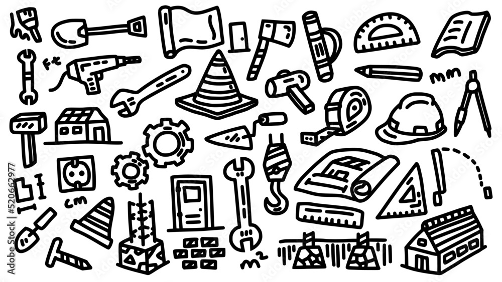 construction equipment icon set hand drawn doodle cartoon outline ...