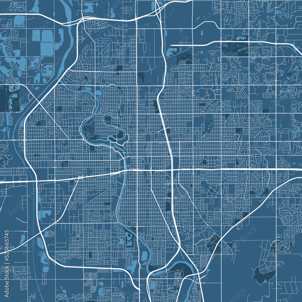 Detailed vector map poster of Wichita city Kansas administrative area ...