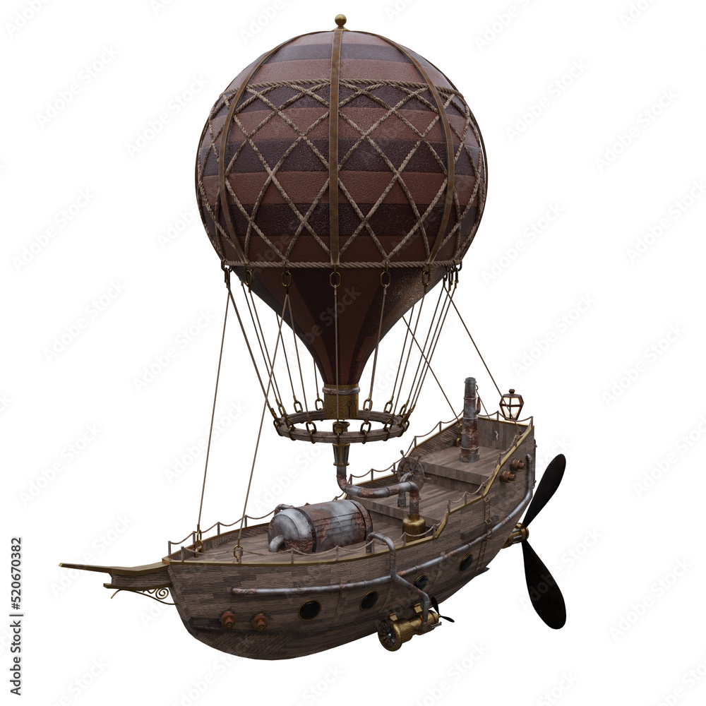 Steampunk hot air balloon with pirate ship powered by a propeller ...