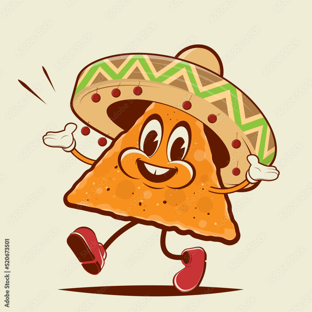 funny illustration of a walking cartoon nacho with sombrero Stock ...