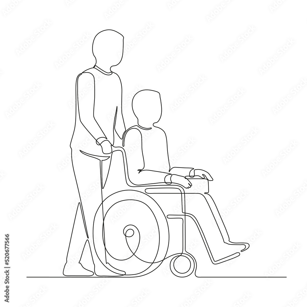Disabled person on wheelchair and assistance volunteer, continuous one ...