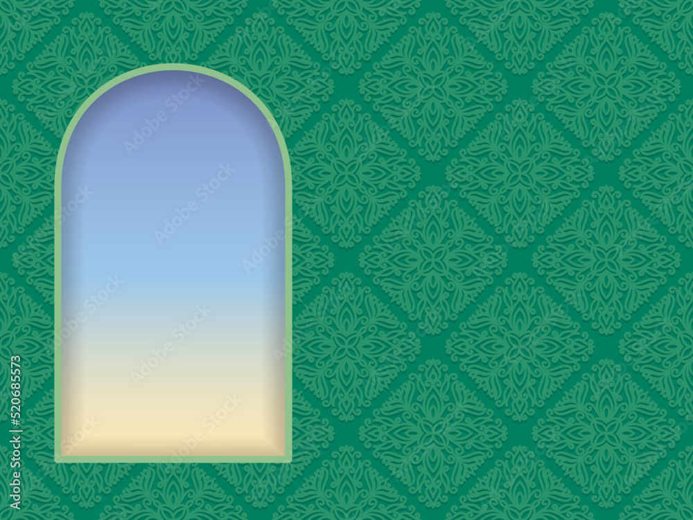 Green Islamic Card with shape of window or gate Background with arabic ...