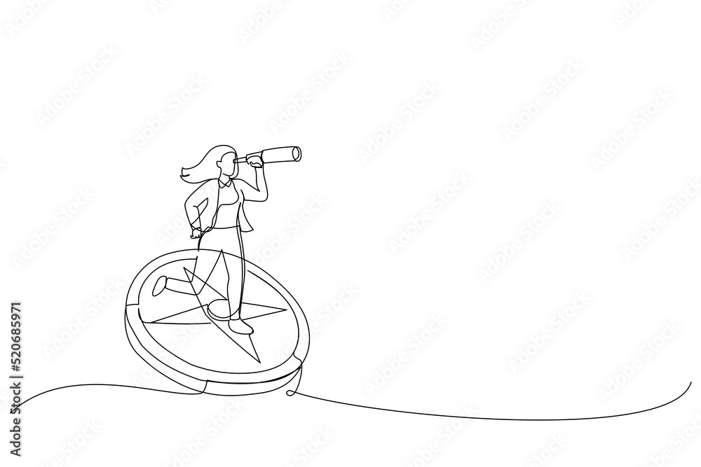 Drawing of businesswoman standing on compass showing direction. Symbol ...