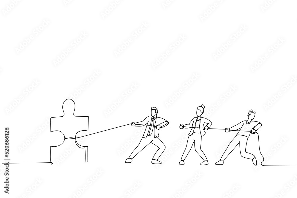 Drawing of businessman pulling a large puzzle piece. Single line art ...