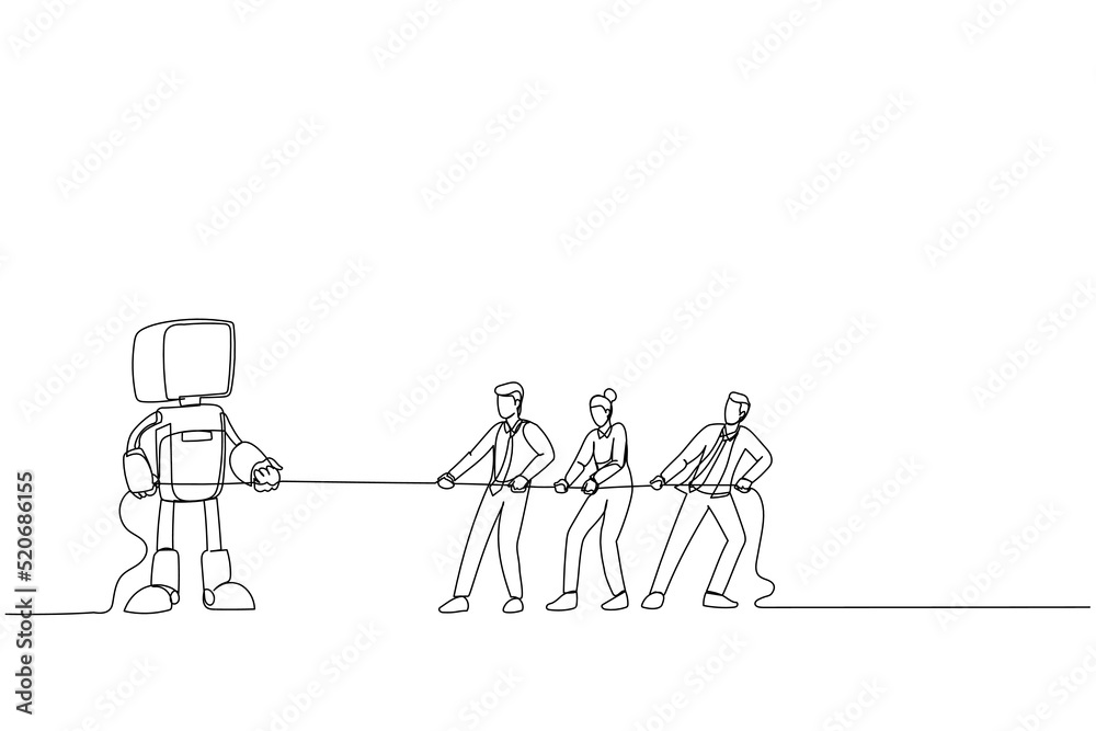 Drawing of teamwork pulling rope against robot with artificial ...