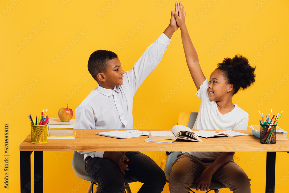 Happy african american schoolgirl and mixed race schoolboy sitting ...