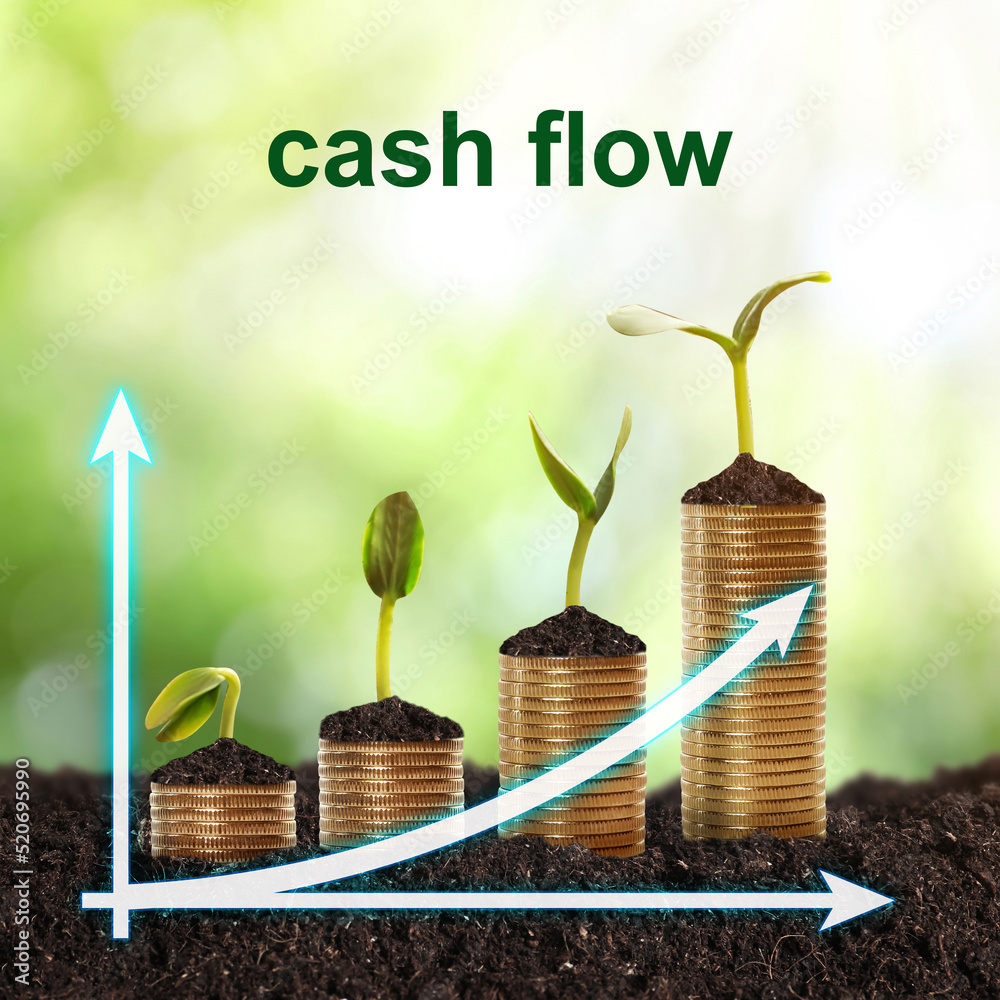 Cash Flow concept. Illustration of increase graph and stacked coins ...