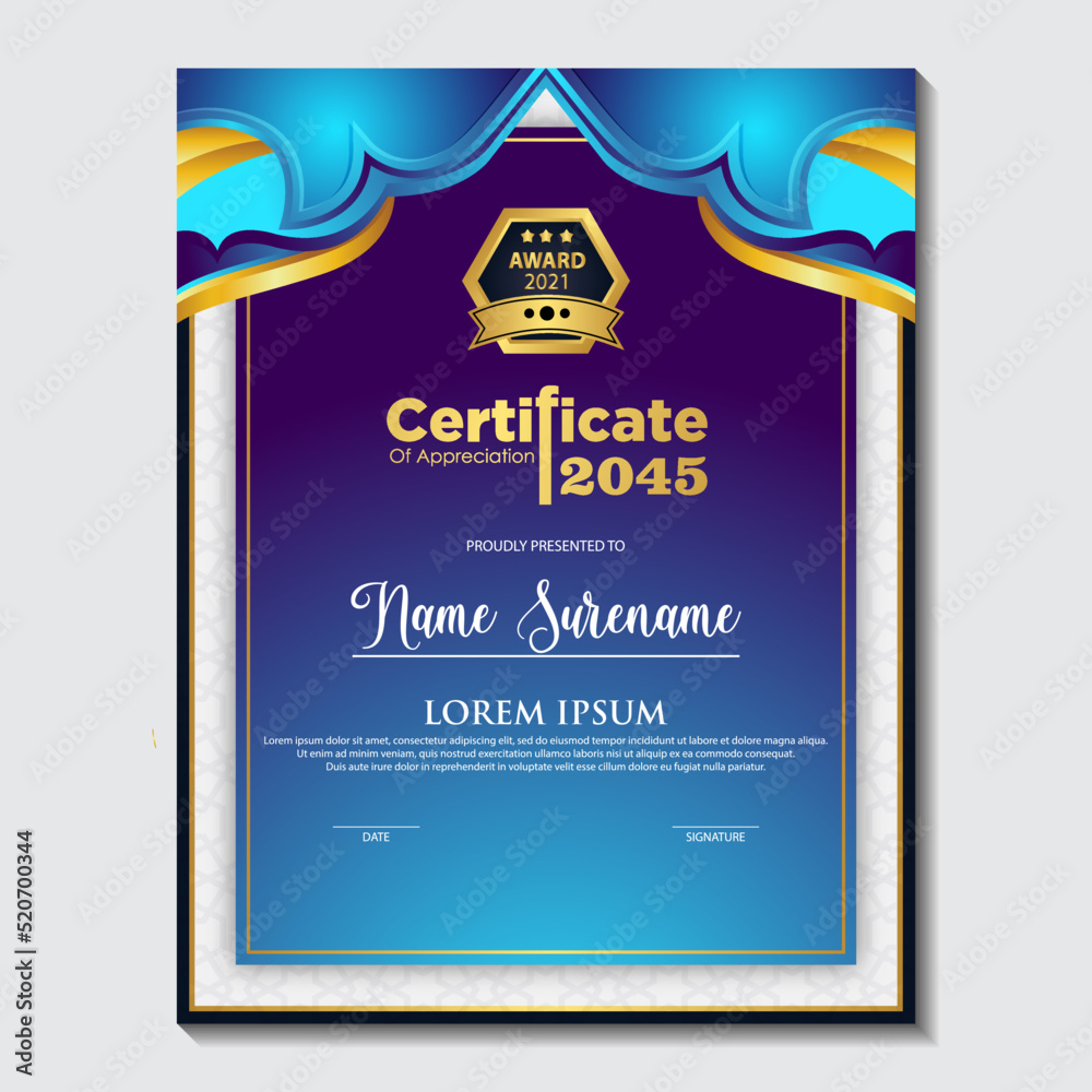Blue and gold color certificate template design. Certificate of ...