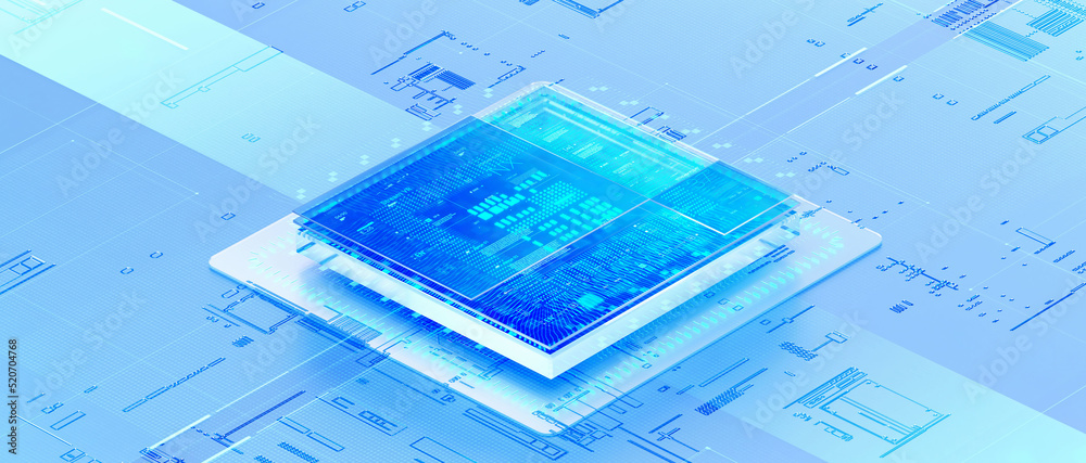 3D rendering of cyberpunk AI. Circuit board. Technology background ...