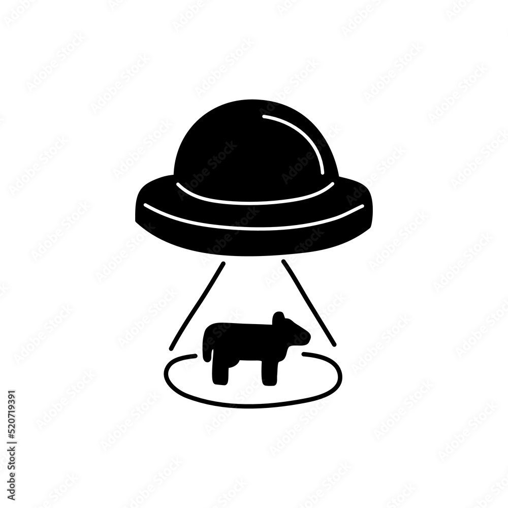 Hand drawn UFO kidnaps a cow icon isolated on white background. Vector ...