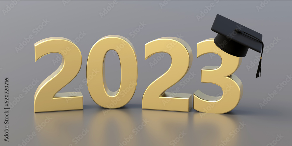 2023 Class Graduation. Gold year number and grad cap on silver grey ...