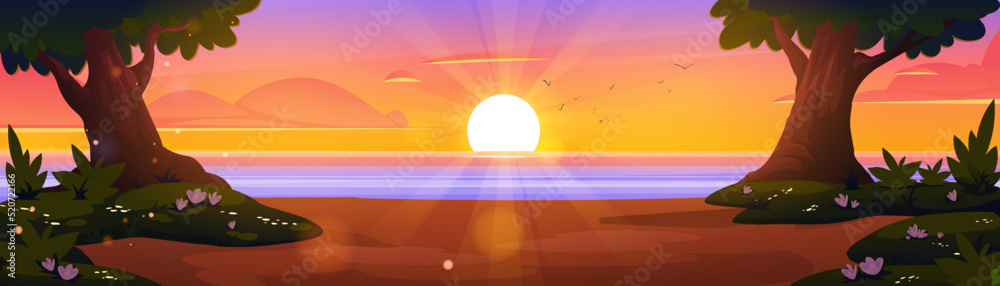 Cartoon nature landscape, summer sunset background with dirt road going ...