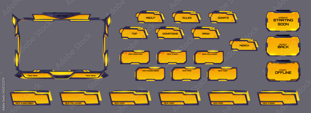 Game stream overlay, ui frame with yellow neon glow. Twitch streaming ...