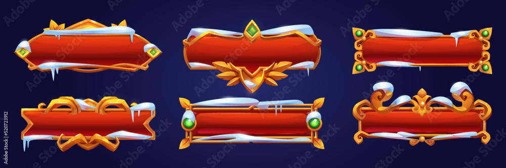 Red game buttons with golden frames in medieval style, gems and snow ...