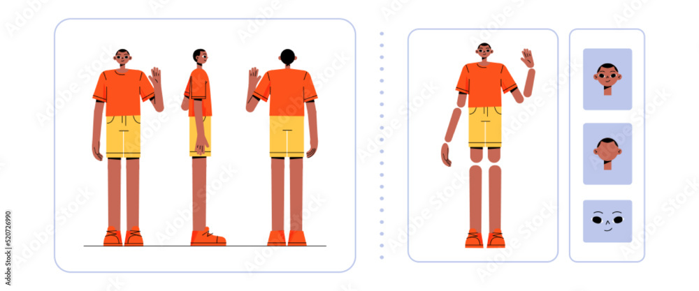 Character animation set with standing man in front, side and back view ...
